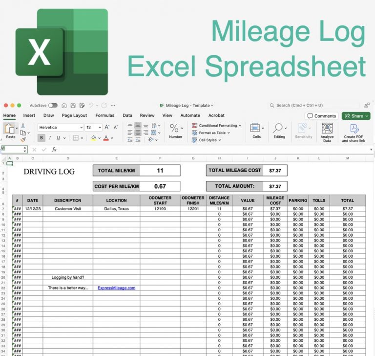 IRS Printable Mileage Log Templates – Free Excel & PDF & Google Sheets ...
